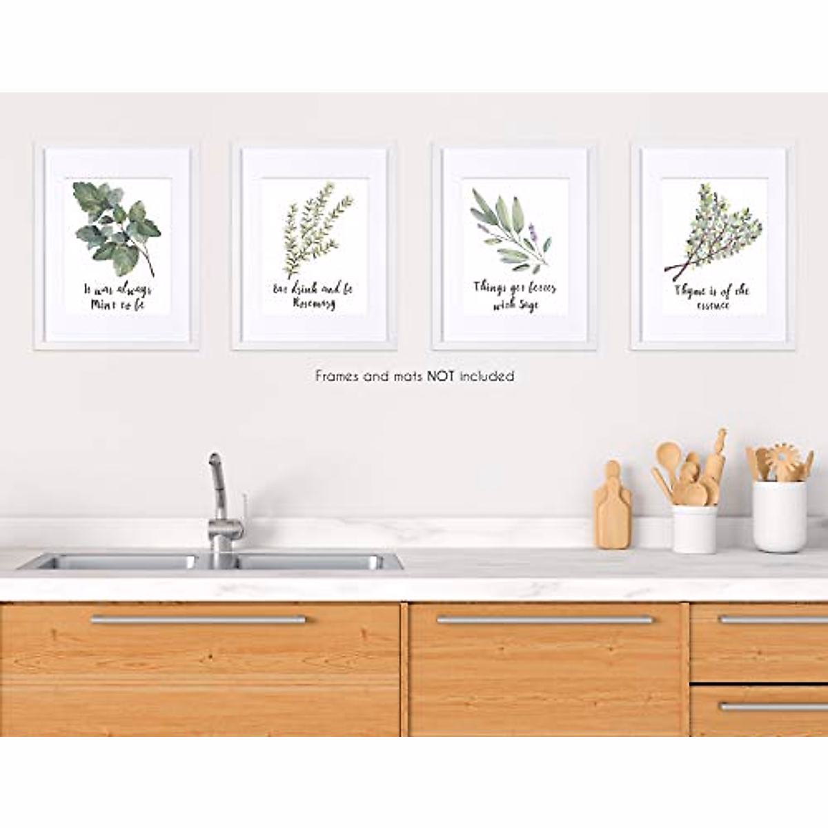 A LuxeHome Wall Art Home Funny Inspirational Puns Prints Signs Room Decor - for Kitchen and Dining Decorations – Botanical Vegetable Herbs Spices Plant Garden (Set of 4) Unframed 8 x 10 inches Green