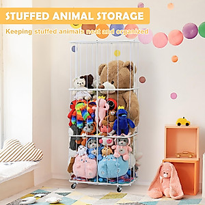 Ebeneze Metal Stuffed Animal Storage, Large Stuffed Animal Zoo Holder, Kids Toy Storage Organizer with Wheel and Elastic String, Plush Storage Shelf for Kids Room, Bedroom, Playroom, Nursery, White