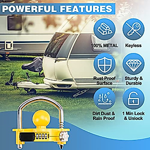 Aucurwen Trailer Hitch Locks, Trailer Locks Combination, Heavy-Duty Trailer Locks Ball Hitch, Security Towing Hitch Locks, Camper Accessories Fits for 1-7/8", 2", and 2-5/16" Couplers (Yellow)