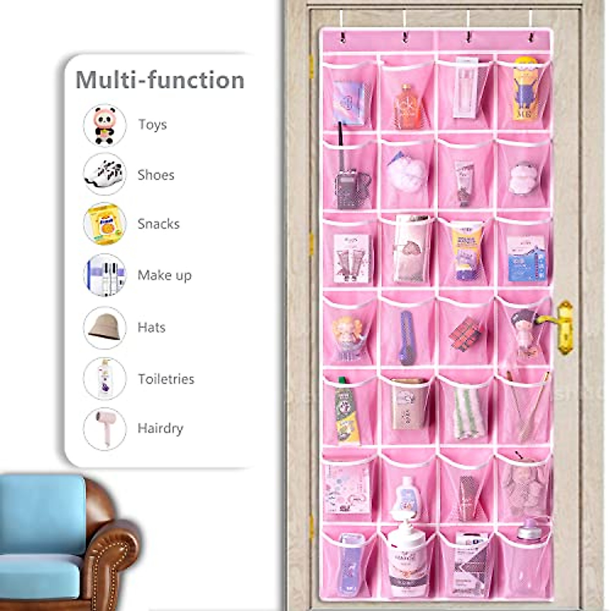 KEEPJOY 28 Pockets Hanging Shoe Organizer, Over the Door Shoe Organizer, Hanging Door Shoe Holder Rack with Mesh Pockets Large Size 65 x 23 Inch (Pink-1Pack)