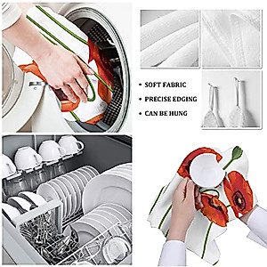 Kitchen Towels Dish Towel Set of 4,Red Poppy Floral Green Plant Absorbent Hand Towels Cleaning Dishcloth Tea Towels,Farm Watercolor Flower Reusable Drying Dish Cloths