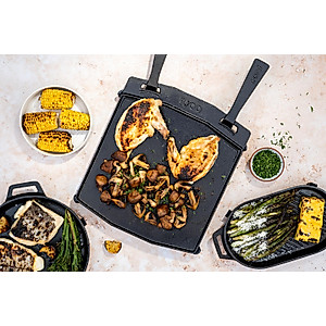 Ooni Cast Iron Dual-Sided Grizzler Plate - 37 x 33cm Reversible Griddle with Removable Handle and Stainless Steel Trivet, Pre-Seasoned Non-Stick Oven Safe Cookware, Pizza Oven and BBQ Accessories