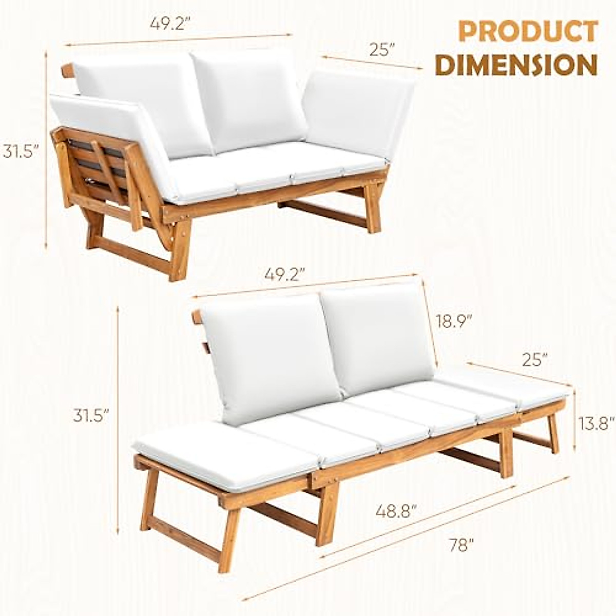 Greesum Patio Convertible Couch Sofa Bed with Adjustable Armrest, Acacia Wood Outdoor Daybed with Cushion & Pillow, Folding Chaise Lounge Bench for Porch Courtyard Poolside，White