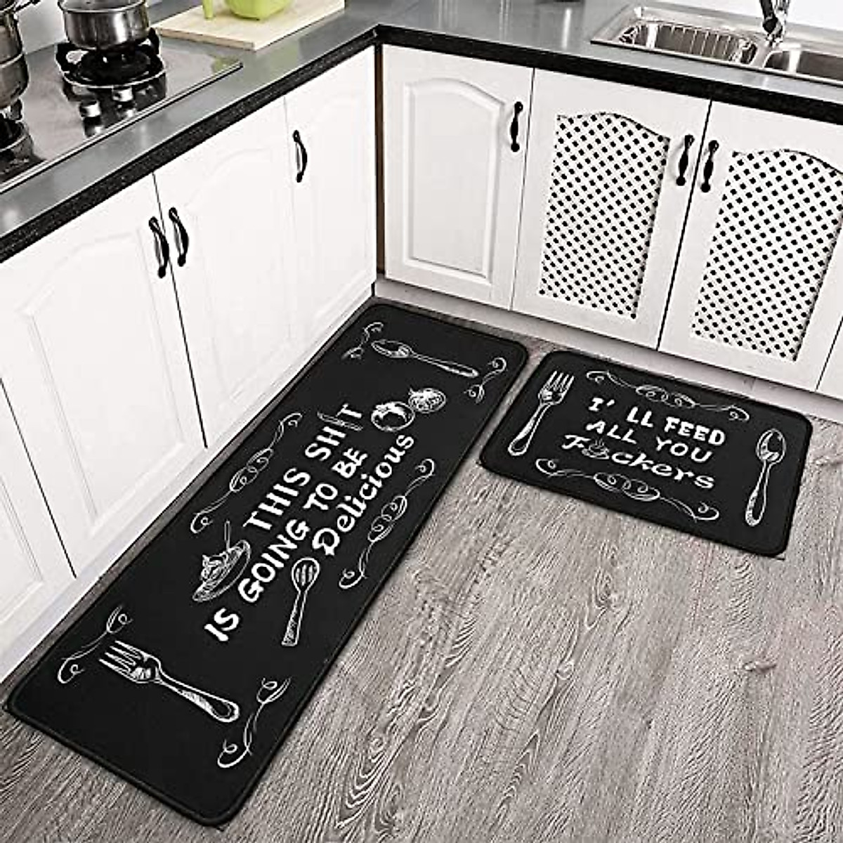 Faptoena Black Kitchen Rugs and Mats Sets of 2, Funny Kitchen Decoration Rubber Backing Non-Slip Absorbent Mats for Sink Waterproof Runner Rug for Laundry Room 17x30+17x48inch