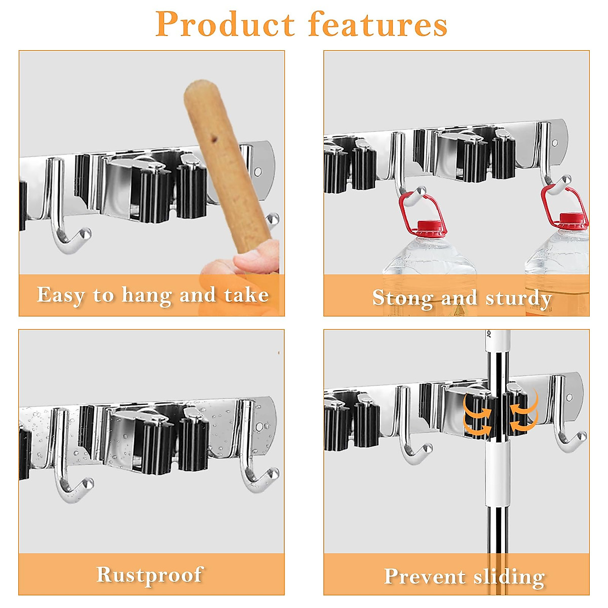 2 Pack Mop And Broom Holder Wall Mount, Upgraded Stainless Steel Broom Broom Holder Wall Mount, Heavy Duty Storage Rack Wall Mounted Adhesive for Home Kitchen Garden Laundry (Silver, 3 Racks 4 Hooks)