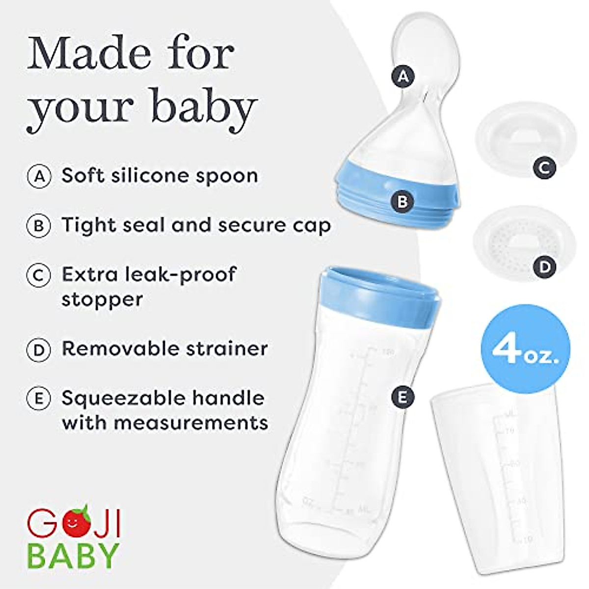 Goji Baby - 4 oz Silicone Baby Food Dispensing Spoon - 4 Pack - Great for 4+ Month Infants - Includes Stopper - Easy to Use and Mess-Free - Precise Food-Release Feeder - Great for Travel (Blue)