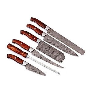 HM-(Brown) Custom Made Damascus Steel #6 Pcs of Professional Utility Kitchen knives Set Comes with Sweet Leather Roll Kit (3712)