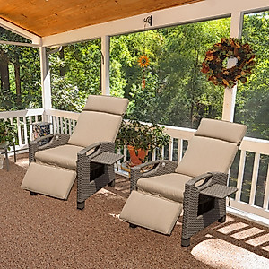 Domi Outdoor Reclining Chairs with Extended Footrest, Adjustable Patio Wicker Lounge Recliner up to 150° with Flip Side Table, Thickness Cushions for Indoor & Outdoor,Beige