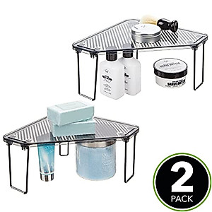 mDesign Plastic/Steel Corner Stackable Rack, Storage Organizer Shelf for Bathroom, Vanity, Countertop, Sink, Cabinet, Holds Makeup, Shower Accessories, Ligne Collection - 2 Pack - Black/Smoke Gray