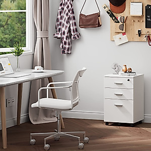 Maxtown 3 Drawer File Cabinet, Wood Filing Cabinet for Home Office, File Cabinet Office Drawer with Lock, Rolling Filing Cabinet for A4/Letter Size, White