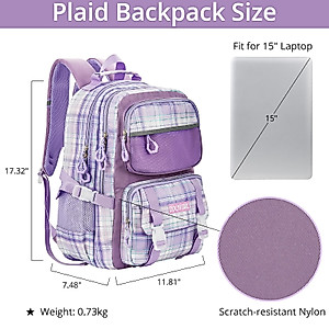 AoMoon Cute Backpack for Girls Kawaii Backpack Functional Bookbag Plaid Daypack Aesthetic Backpack for School with Cute Accessories (Purple)