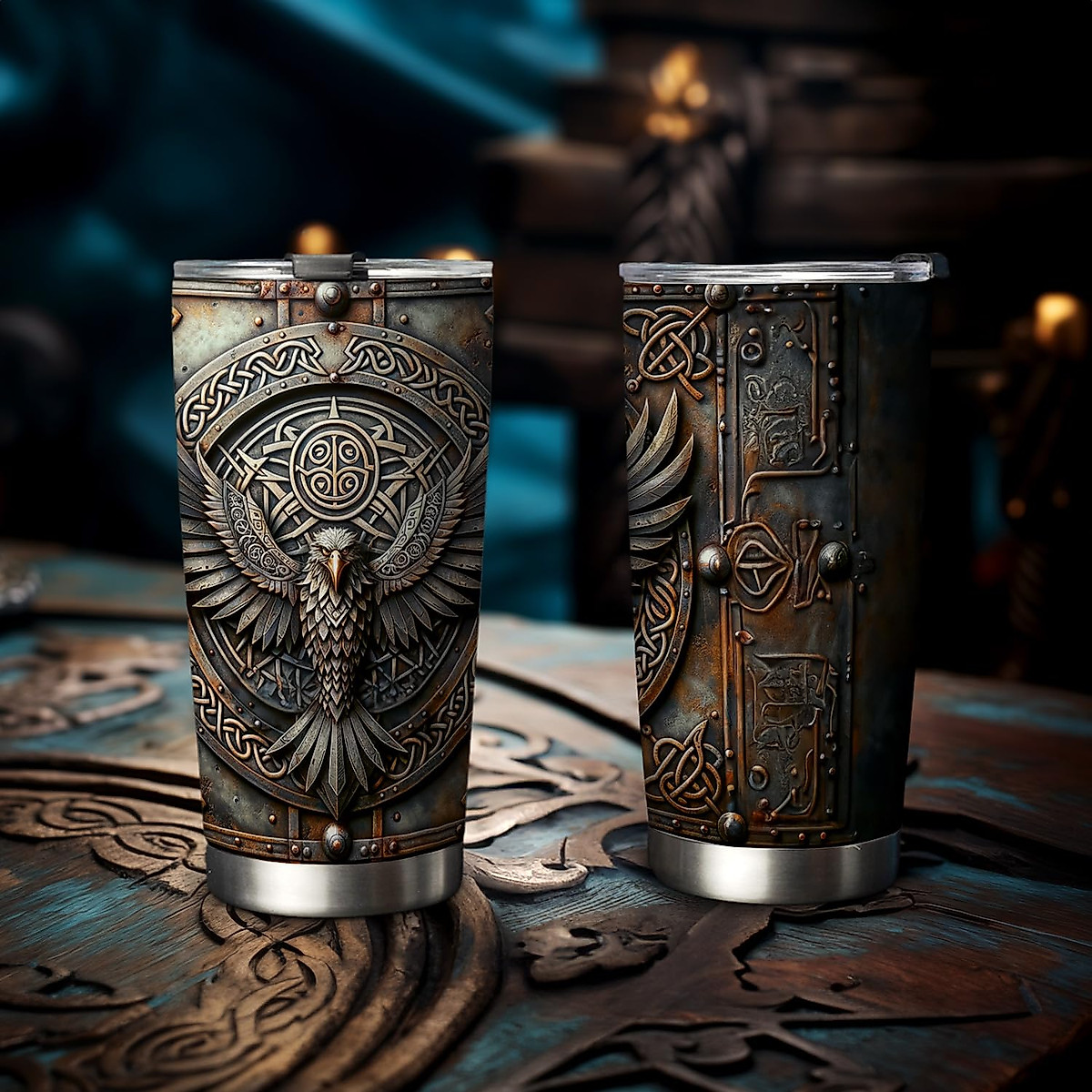 20oz Viking Celtic Warrior Eagle Tumbler, Norse Mythology, Viking Gifts for Men, Coffee Thermos for Men, Stainless Steel Double Wall Vacuum Insulated Coffee Mug, Travel Cup with Lid