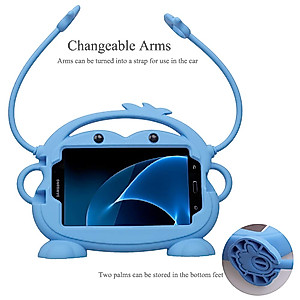 Kids Case for Samsung Galaxy Tab A/3/3 Lite/4 7.0 inch Tablet - CHINFAI [Double-Faced Monkey Series] Shock Proof Silicone Handle Stand Protective Cover for Samsung 7" Tablet (Blue)
