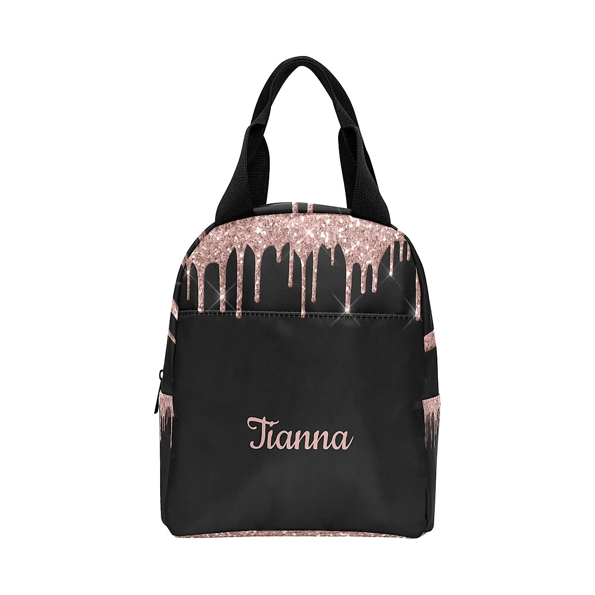Rose Gold Drips Reusable Insulated Neoprene Lunch Tote Bag Cooler with 2 Pockets Custom Personalized Portable Lunchbox Handbag with Name for Gift