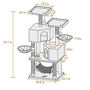 MQ Cat Tree Cat Tower 57in Multi-Level Cat Scratching Post with Condos, Basket, Hammock & Plush Perches for Kittens, Large Cats, Smoky Gray