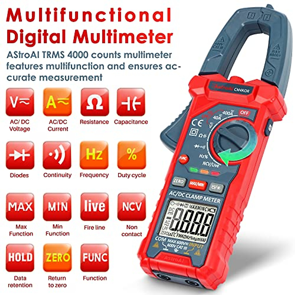 AstroAI Digital Clamp Meter Multimeter 4000 Counts Auto-ranging Amp Tester Measuring AC/DC Voltage & Current, Resistance, Capacitance, Frequency, Continuity, Live Wire Test, NCV Detection