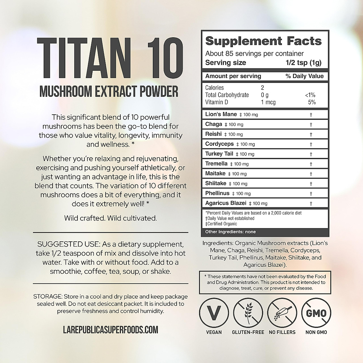 LRLA SUPERFOODS La Republica Titan 10 Organic Mushroom Powder for Focus, Immunity, Energy, Gut Health, and Skin (85 Servings, 3 oz)