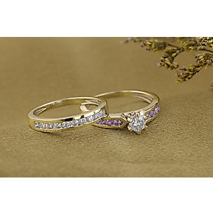 Dazzlingrock Collection Round Pink Sapphire & White Diamond Ladies Wedding Ring Set in 14K Yellow Gold, Size 7.5