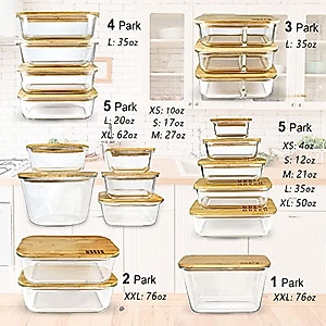 Urban Green Glass Containers with Bamboo Lids, Meal Prep Glass Containers, Glass Food storage Containers, 5 Pack, Pantry & Kitchen Glass Organizer, Lunch glass container, Microwave Oven Freezer Safe