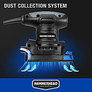 Hammerhead 1.4-Amp Multi-Function Detail Sander with 12pcs Sandpaper, Dust Collection System, and Detail Attachment - HADS014