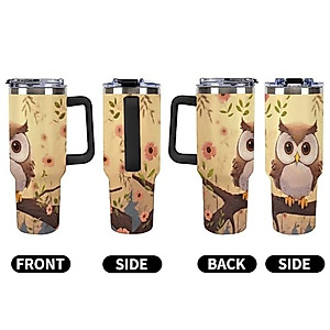 LPSADGF Cute Owl Insulated Stainless Steel Travel Mug, 40 Oz Tumbler with Handle And Straw Double-Wall Vacuum Coffee Cup, Leak-Proof Lid, Keeps Drinks Hot/Cold for Hours