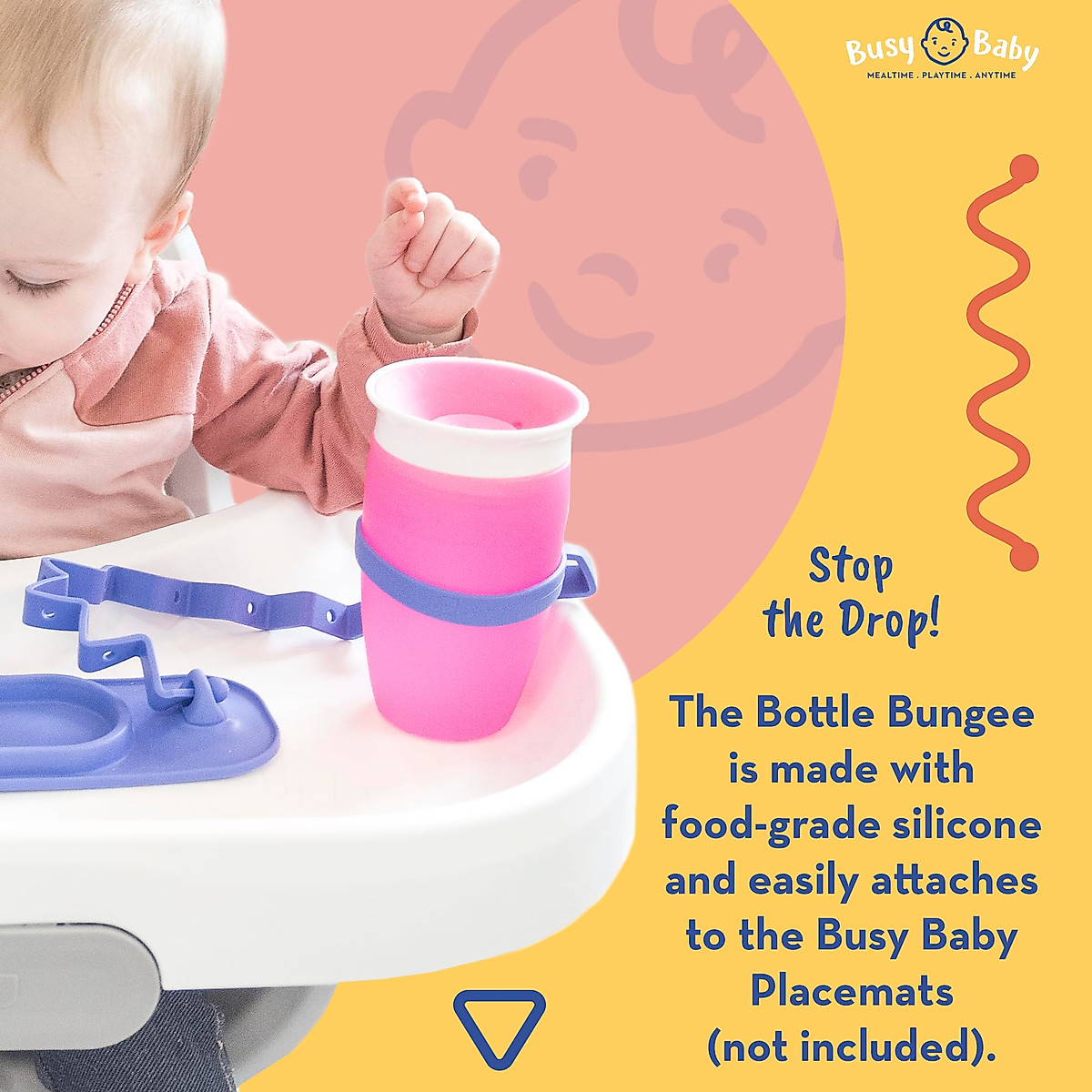 Busy Baby Bottle Bungee - Sippy Cup Strap - Keep Bottles and Sippy Cups Off The Floor - Great for Babies, Toddlers and Kids - Food Grade Silicone - Dishwasher Safe - Pewter