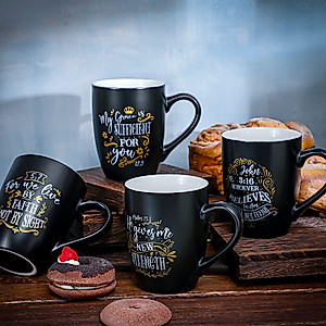 Jinei 4 Pieces Christian Coffee Mugs Religious Inspirational Coffee Mugs Set Stoneware Mugs for Men Women Black Bible Verse Mug Motivational Christmas Christian Encouragement Gifts, 12 oz