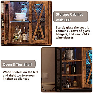 IRONCK Coffee Bar Cabinet with Power Outlet, Industrial Buffet Cabinet with LED Strip and Glass Holder, 3-Tiers Liquor Cabinet Bar for Home, Dining Room, Kitchen, Vintage Brown