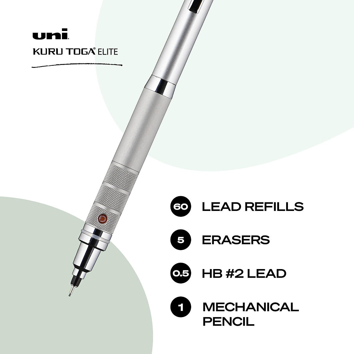 uni-ball Kuru Toga Elite Mechanical Pencil Starter Kit with Silver Barrel and 0.5mm Tip, 60 Lead Refills, and 5 Pencil Eraser Refills, HB #2