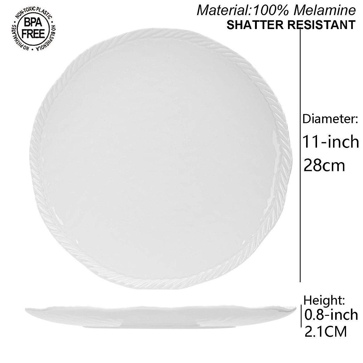 KX-WARE Melamine Plate, 11-inch Dinner Plates with Rope Edge Design, set of 6 White