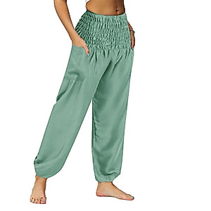 Dreamlascar Women's Smock Thai Pants Sporty Gym Athletic Jogger Pants Solid Soft Loose Yoga Pants Casual Lounge Trousers Mint Green
