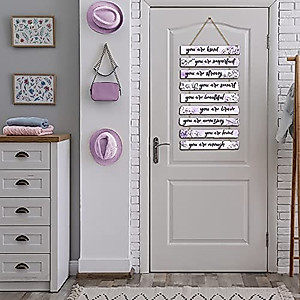 One Set of 9 Pieces Inspirational Floral Wall Decors You Are Amazing Beautiful Loved Quotes Sign Wall Art Decors Wooden Hanging Wall Art Positive Home Decors for Girls Women Bedroom (Light Purple)