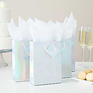 20 Pack Holographic Small Silver Gift Bags with Handles, White Tissue Paper and Tags, Iridescent (8 x 5.5 x 2.5 In)