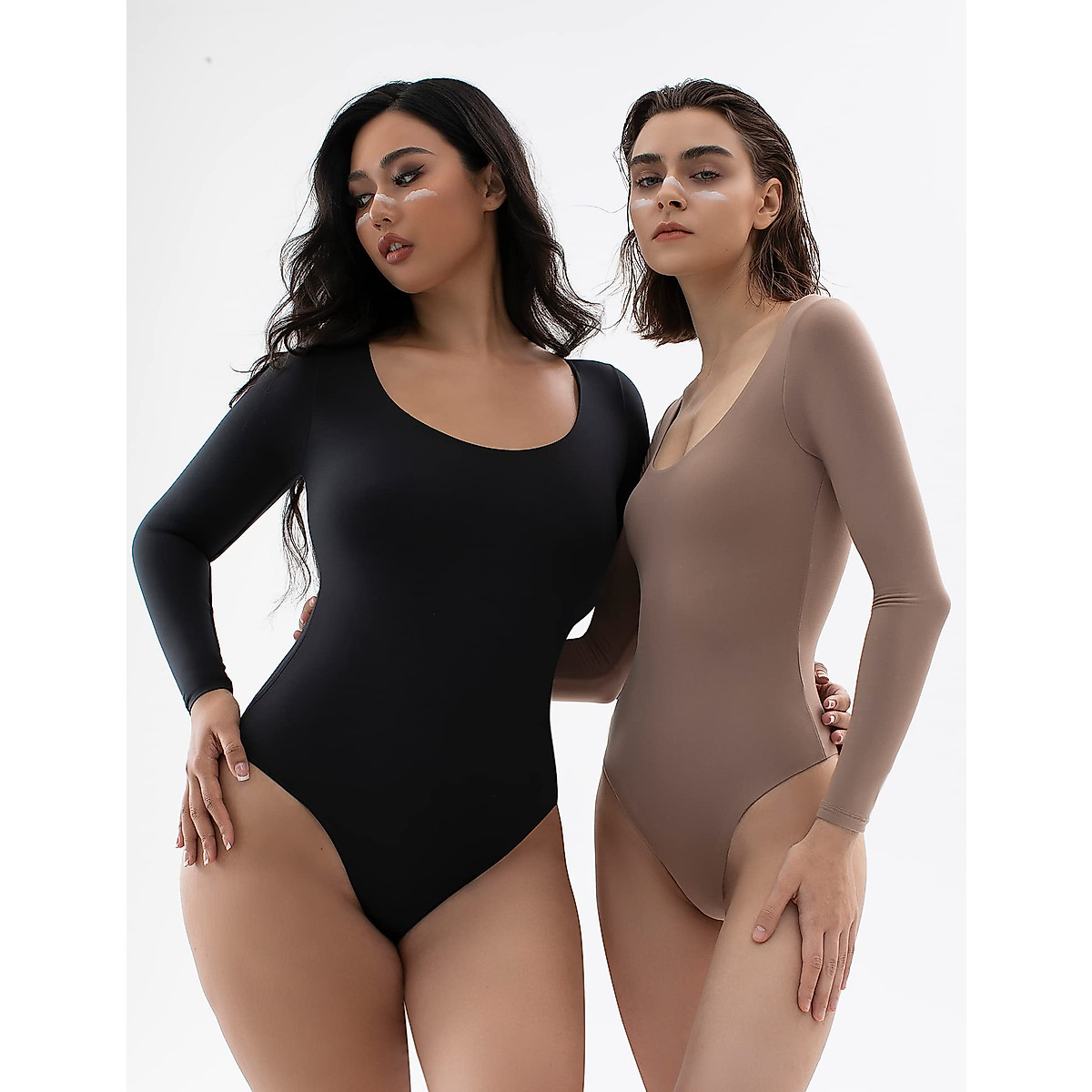 PUMIEY Bodysuits For Women Long Sleeve Tops Jet Black Medium