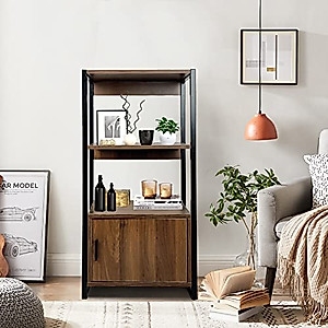 Babion 3-Tier Bookshelf, Industrial Bookshelf and Bookcase with Doors, Standing Storage Cabinet, Bookshelf Display Shelf, Wood and Metal Storage Shelf for Bedroom, Home Office, Entryway, Brown