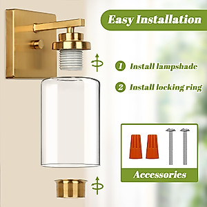 Wall Sconces, Gold Bathroom Light Fixtures, Modern Vanity Lights, Sconces Wall Lighting with Clear Glass, Sconces Wall Decor Set of 2, Wall Light Fixture for Mirror, Living Room, Bedroom, Hallway, E26