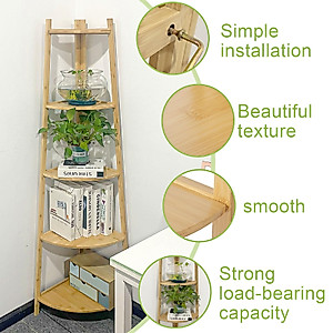 OUTREE Bamboo Corner Shelf, Upgraded Corner Shelf, Tall Corner Shelf Stand, 5 Tier Bookshelf with Versatile Shelving Unit for Living Room, Bedroom, Office, Bathroom, Easy to Store
