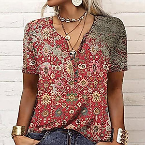 Henley Shirts for Women Summer Floral Print Tunic Womens Western Tops Short Sleeve Long Sleeve v Neck Shirts for Women Comfy Spring Blouses Boho