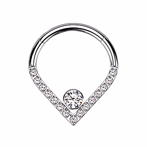 Pierced Owl 16GA F136 Implant Grade Titanium CZ Crystal Center and CZ Crystal Lined Chevron Shaped Hinged Segment Ring (10mm (3/8") Diameter)