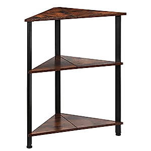 Corner Shelf Wood Storage Stand with Metal Frame, Multipurpose Shelving Unit for Small Space, Home Office, Rustic Brown