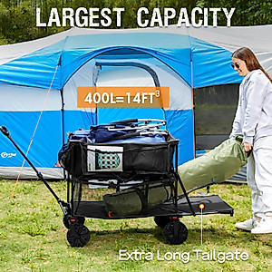 PORTAL 400L Collapsible Double Decker Wagon, Folding Wagon Cart with Tailgate, Beach Wagon with Big Wheels, 450LB Heavy Duty Foldable Wagon, Large Capacity Wagon for Camping, Sports, Garden, Baseball