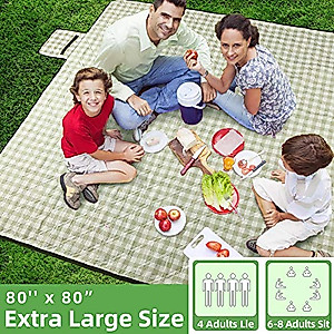 ZAZE Extra Large Picnic Outdoor Blanket, 80''x80'' Waterproof Foldable Blankets Gingham Picnic Mat for Beach, Camping on Grass Picnic Blankets (Green and White)