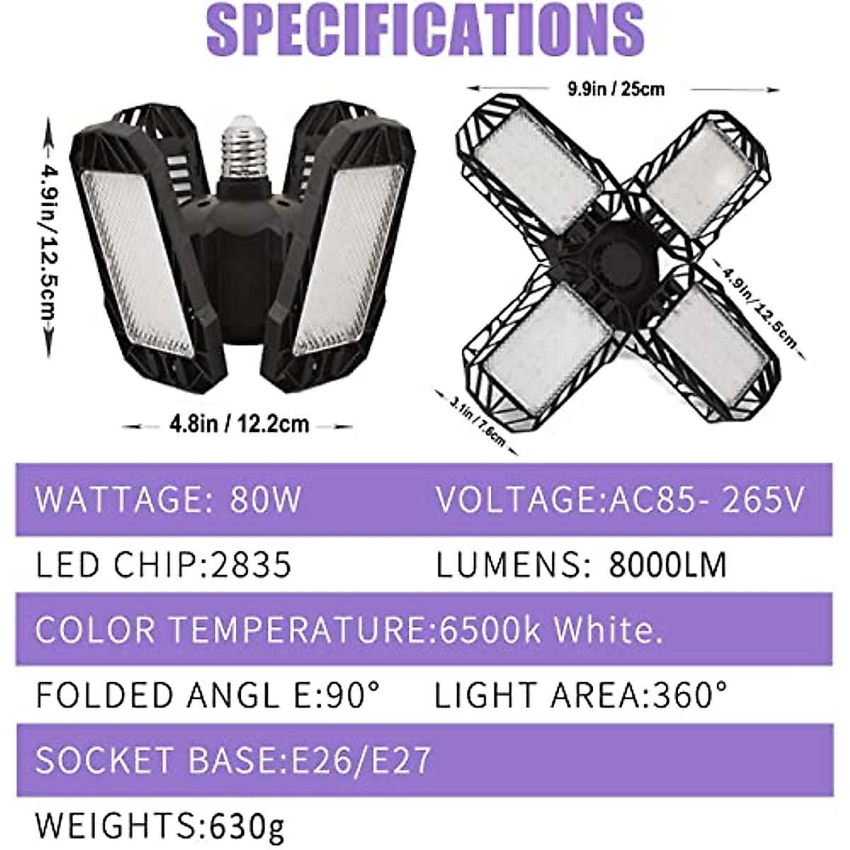 2-Pack LED Garage Lights 80W Garage Lighting - 8000LM 6500K Deformable LED Garage Ceiling Lights, LED Shop Light with Adjustable Multi-Position Panels, LED Light for Garage, Workshop, Basement