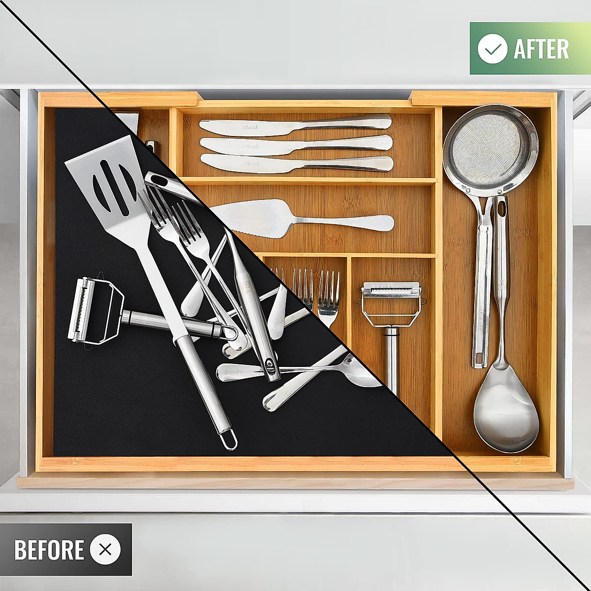 Sanduby Kitchen Drawer Organizer, Expandable Silverware Organizer and Silverware Tray for Drawer, Large Bamboo Drawer Organizer Kitchen Utensil Organizer, 13"-23" Wide Cutlery Organizer in Drawer