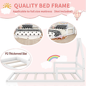 Floor Bed for Kids, Full Size Montessori Bed with House Shape Headboard and Railings, Wood House Bed with Slats for Boys Girls, Low to Ground Height, No Box Spring Needed, White