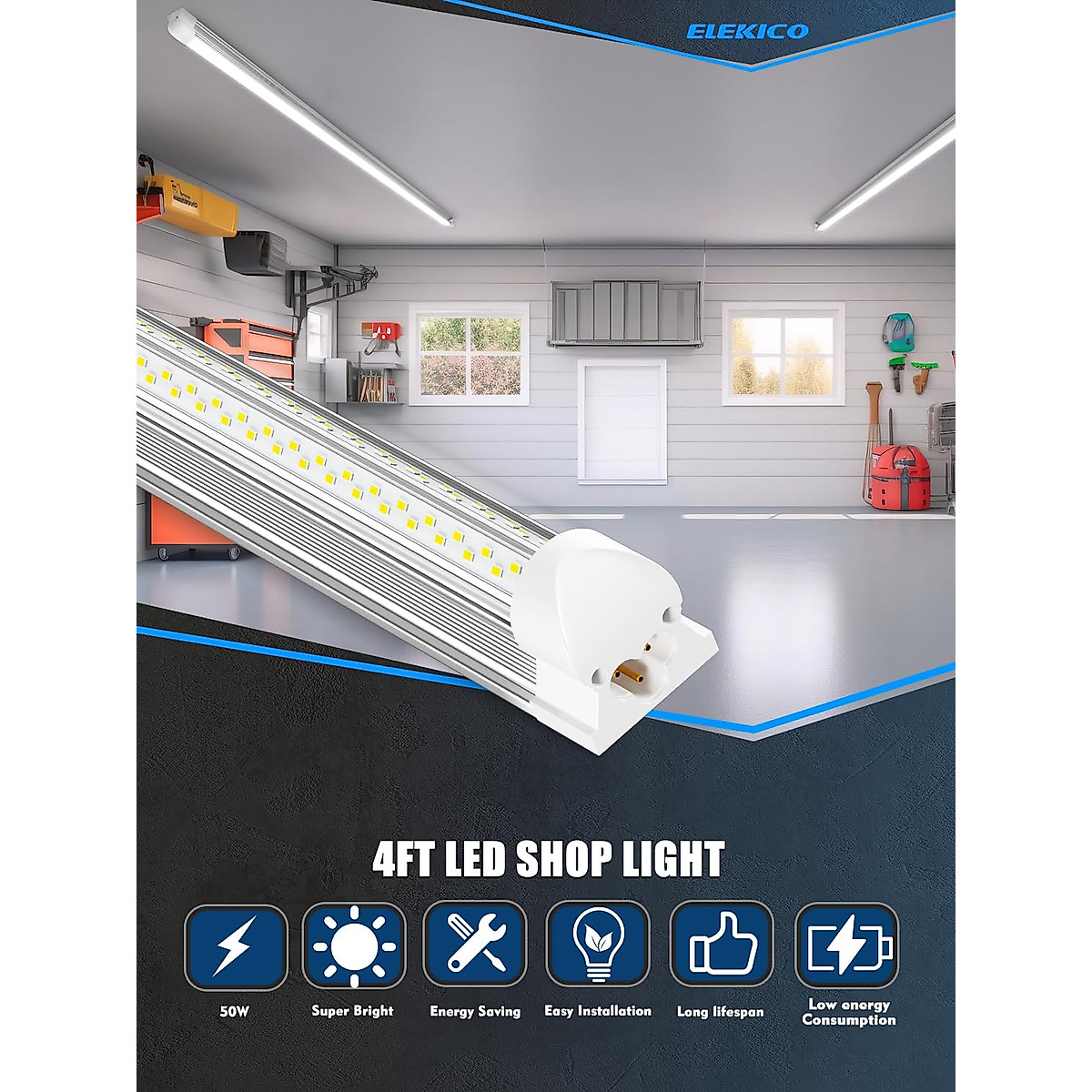 ELEKICO 6 Pack 50w 4ft Led Shop Light, Super Bright 7500lm 5000k V Shape 4' Led Shop Lights, Linkable 4 Foot Led Shop Lights for Garage Warehouse, Supermarket, Basement, Barn, Storage Area