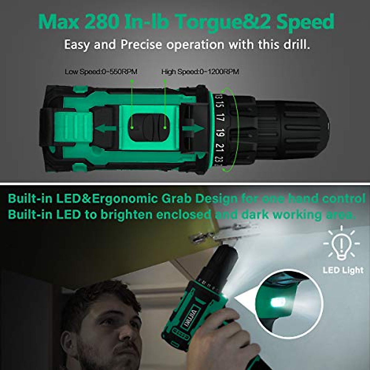 Cordless Drill Driver Kit,67Pcs 12V Drill Set Lithium-Ion Battery,Magnetic Wristband Brushes Tape Measure,Max Drill 280 In-lb Torque,3/8'' Keyless Chuck,25+1 Metal Clutch and Built-in LED