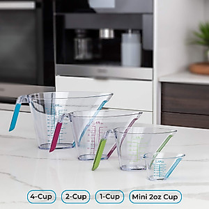 4-Piece Angled Liquid Measuring Cups Plastic Set - Mini Oz, 1, 2 and 4 Plastic Measuring Cup Sizes - Plastic Measuring Cups For Liquids with ML & Cups Measures - KPKitchen Small & Large Measure Cup