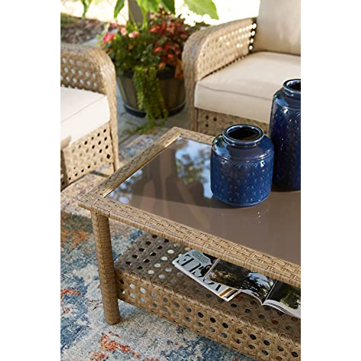 Signature Design by Ashley Braylee Outdoor 2 Piece Patio Driftwood Resin Wicker Cushioned Loveseat and Table, Rustic