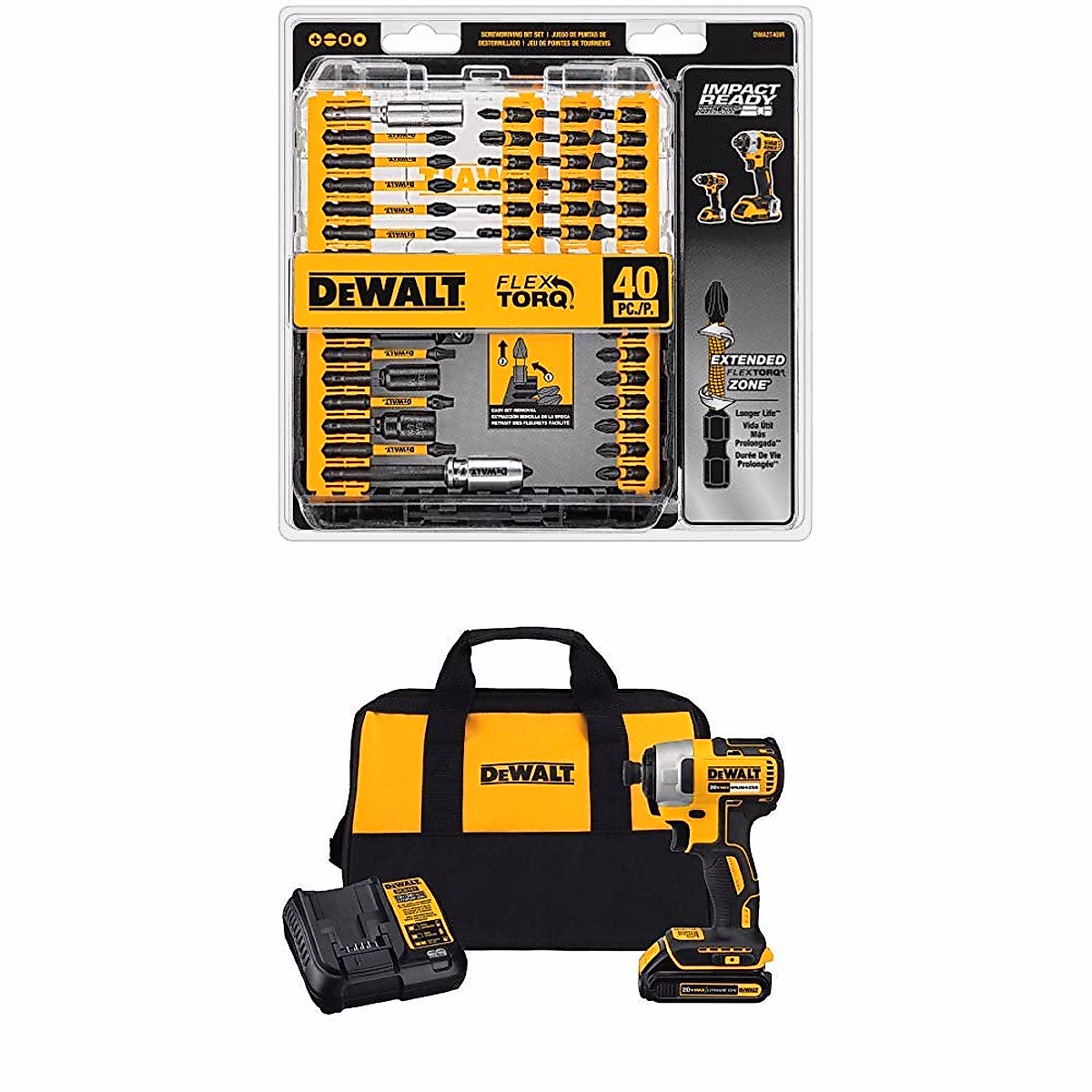 DEWALT DWA2T40IR IMPACT READY FlexTorq Screw Driving Set, 40-Piece and DEWALT DCF787C1 Cordless Impact Driver Kit (Includes Battery and Charger)
